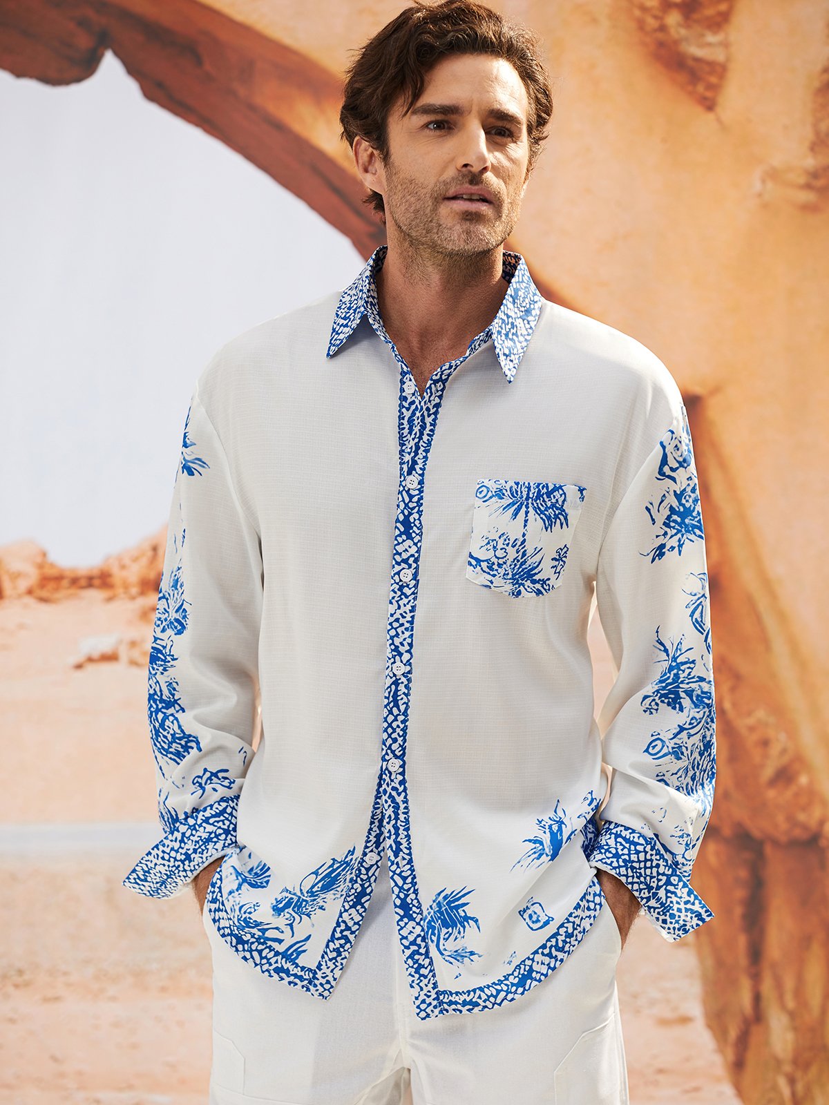 Floral Contrast Chest Pocket Long Sleeve Shirt | hawalili