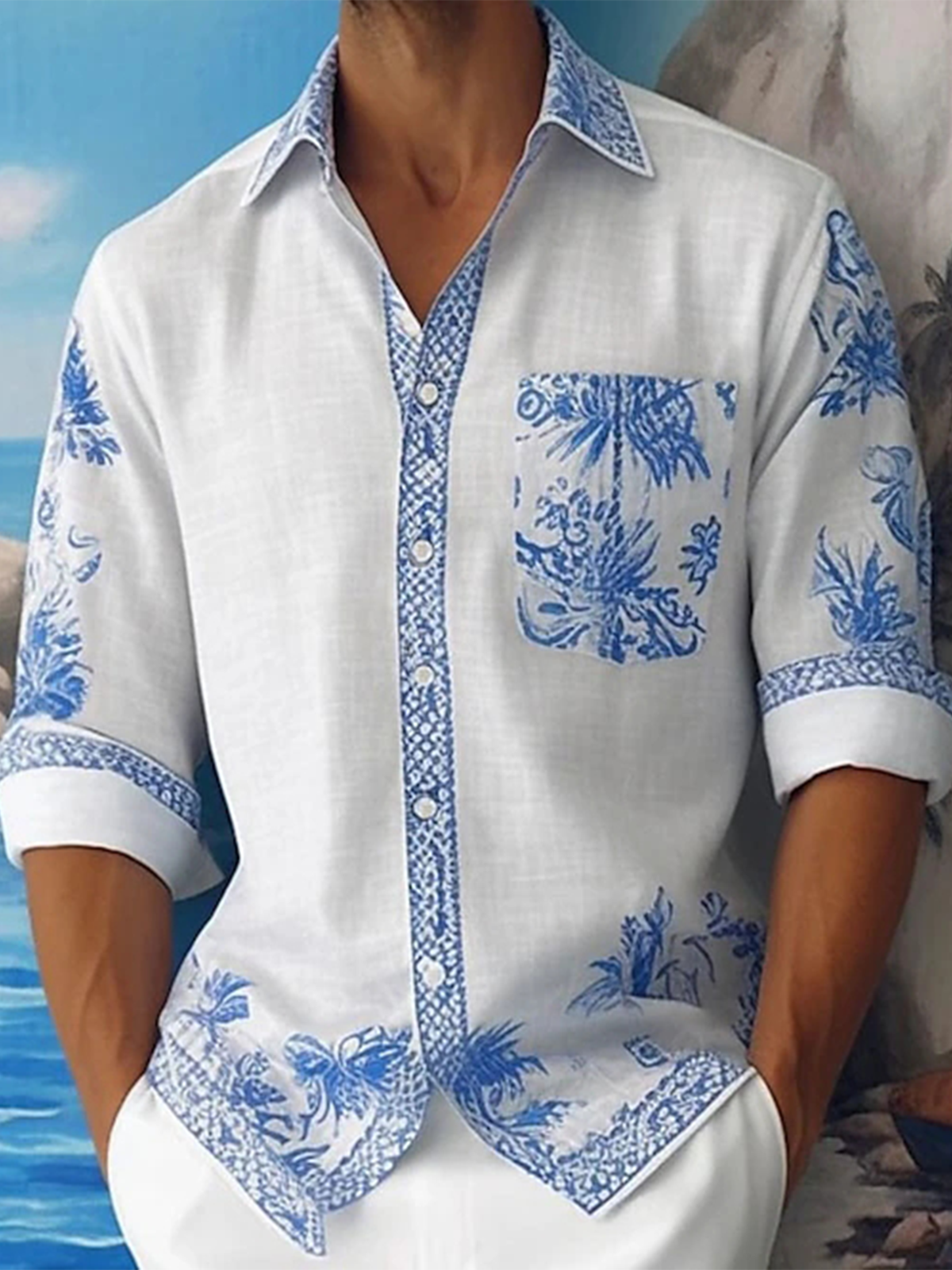 Floral Contrast Chest Pocket Long Sleeve Shirt | hawalili