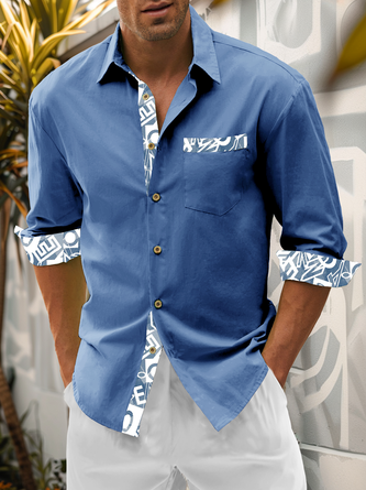 Cotton Plain Color Contrast Stitching Geometric Letters Casual Shirt ...